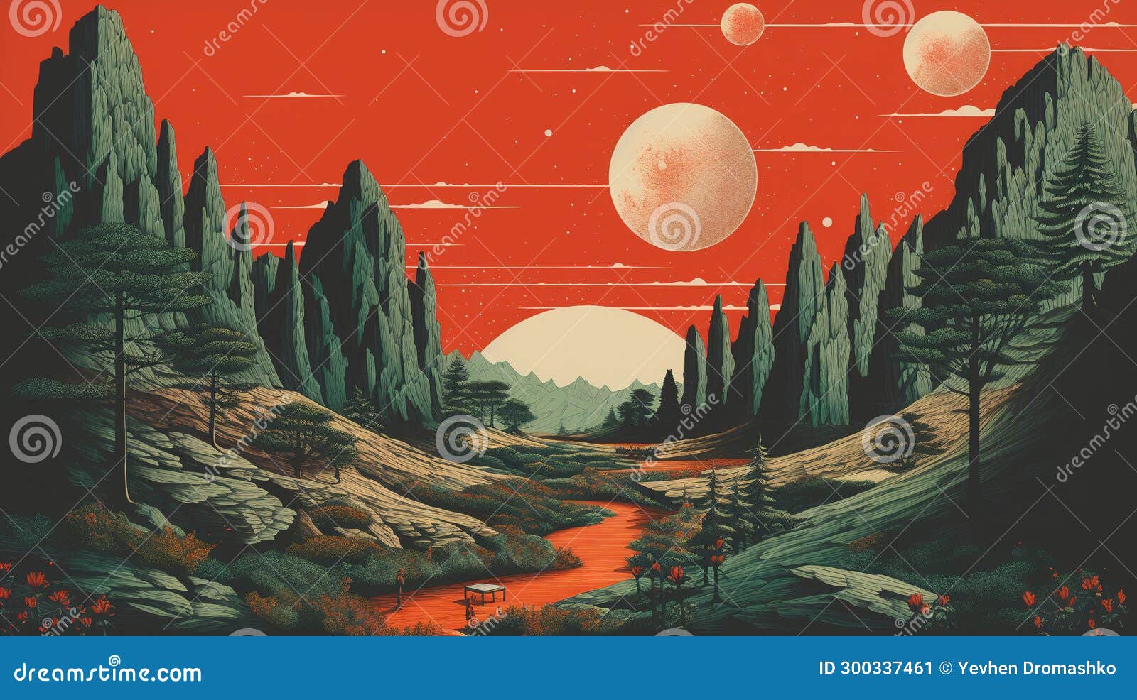 Generative AI, Vintage Risograph Collage of Beautiful Landscape Stock ...