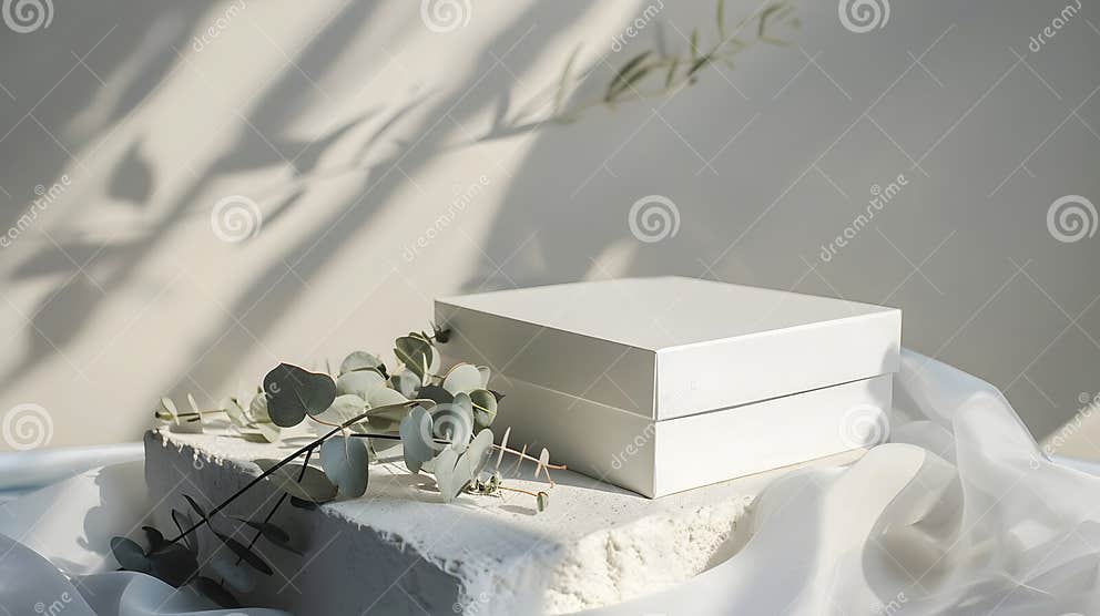 Generative AI White Empty Box on Texture Stones with Eucalyptus on ...