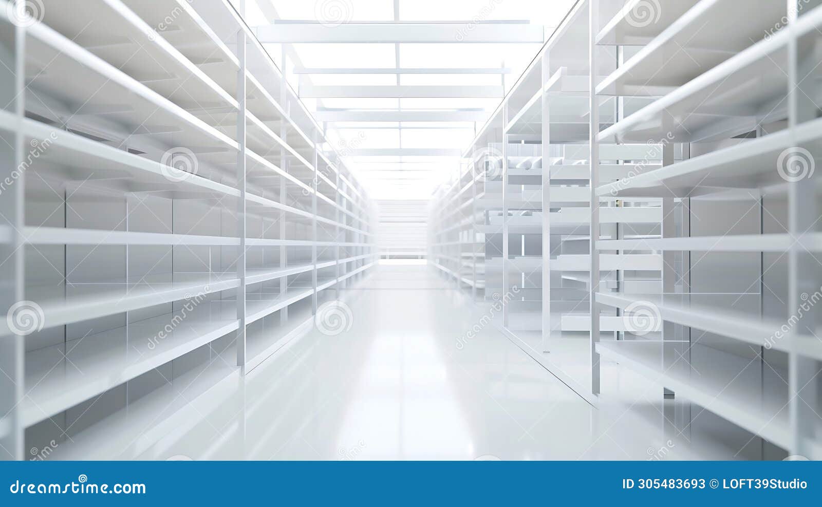 Generative AI White Empty High Rack Along the Aisle Business Concept ...