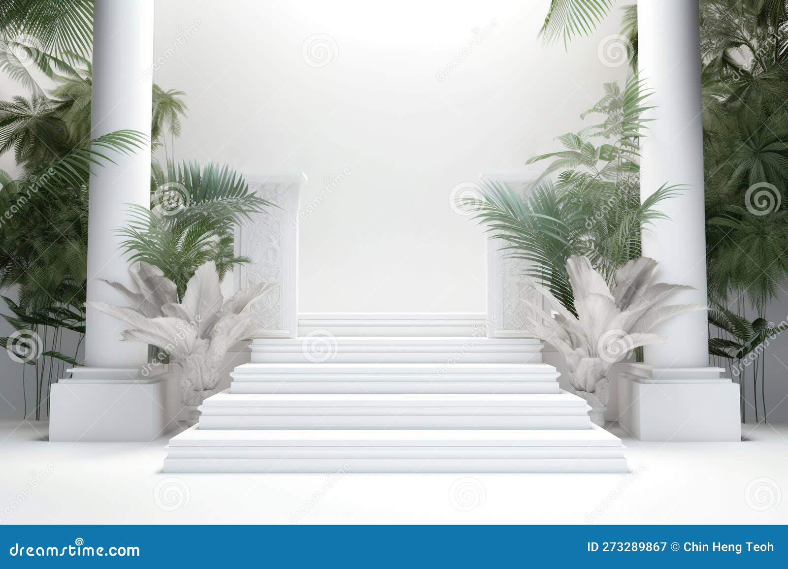 Generative AI, White Marble Stairs With Palm Trees In The White Room ...