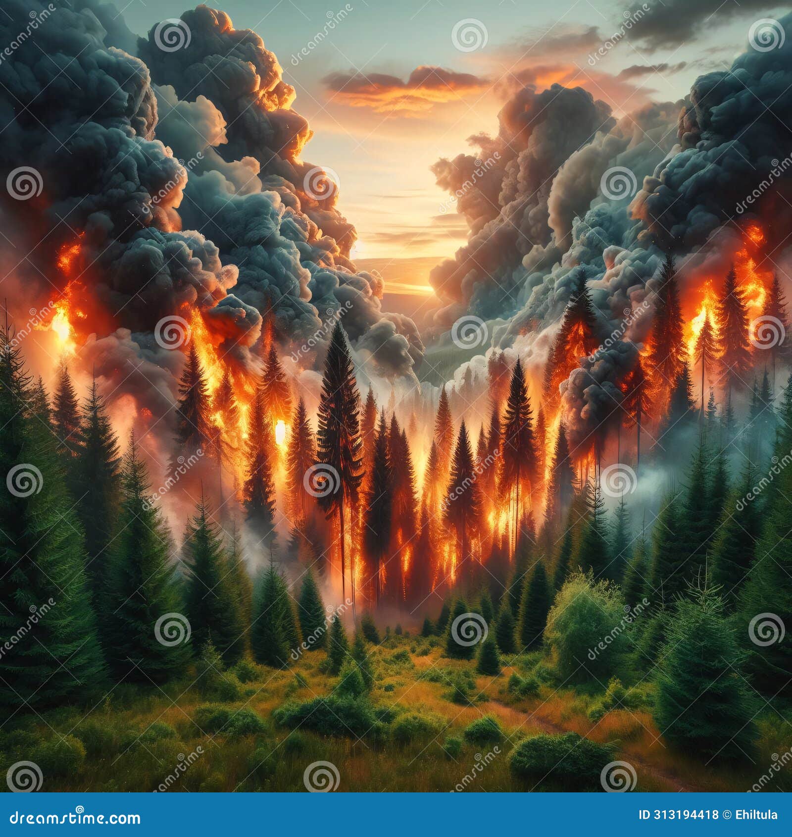 Generative AI, Wild Forest Fire in Progress Stock Illustration ...
