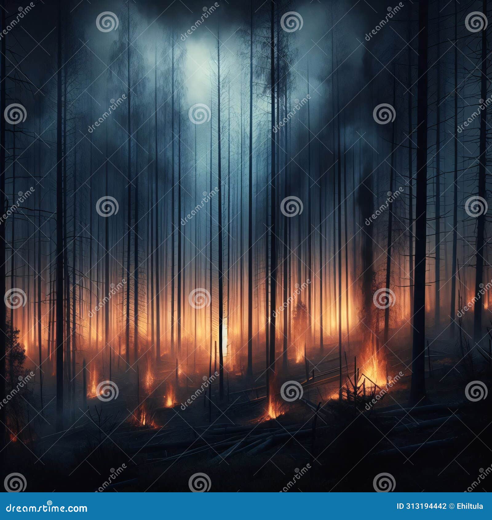 Generative AI, Wild Forest Fire in Progress Stock Illustration ...