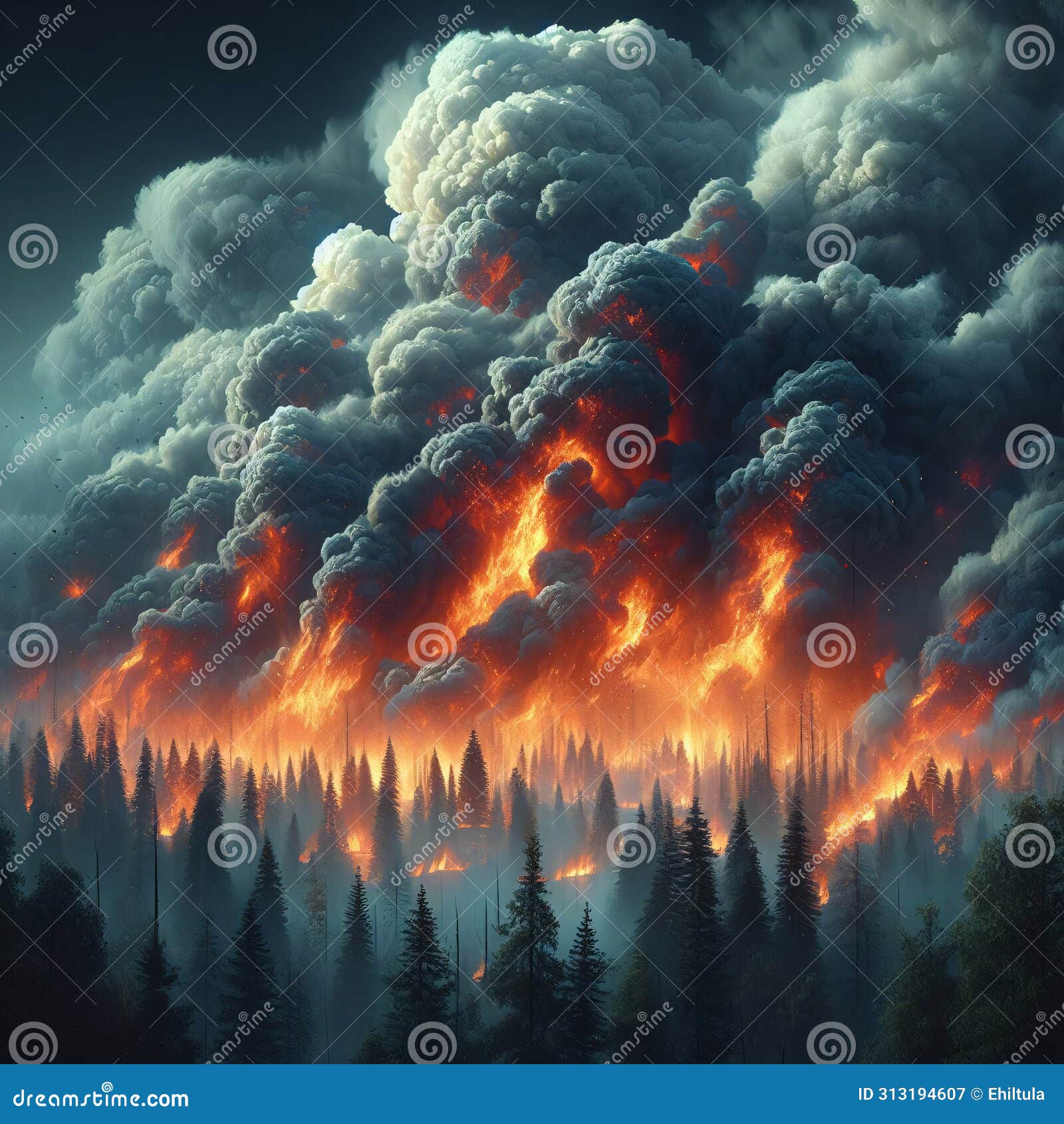 Generative AI, Wild Forest Fire in Progress Stock Illustration ...