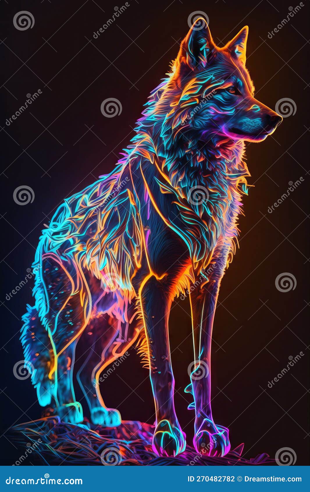 Generative AI Of A Wolf In Neon Light On A Black Background Royalty ...