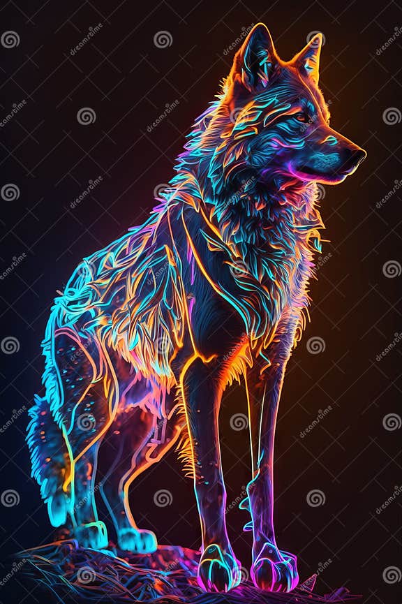 Generative AI of a Wolf in Neon Light on a Black Background Stock ...