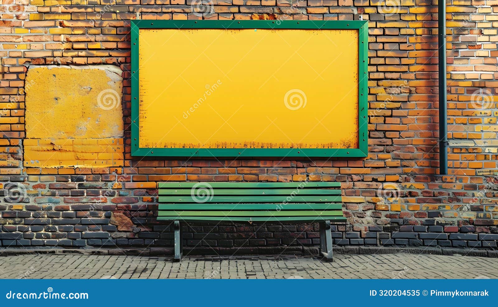 Generative AI Yellow Blank with Green Frame on Brick Wall and Bench on ...