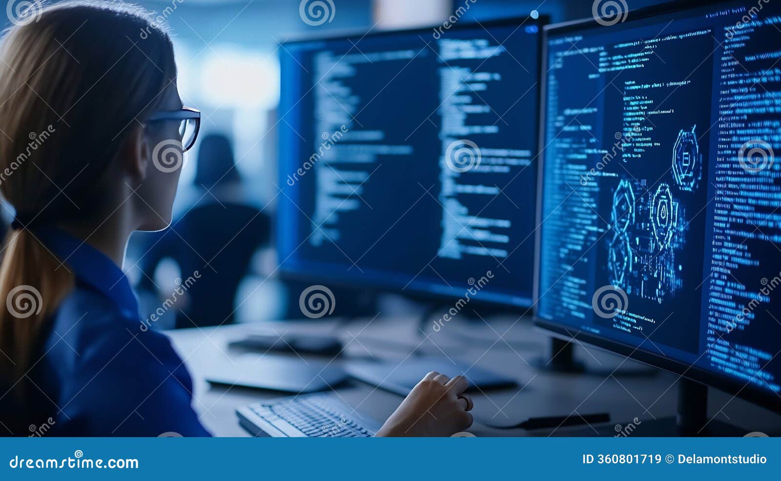 Generative AI Young Female Programmer Analyzing Complex Code on Dual ...