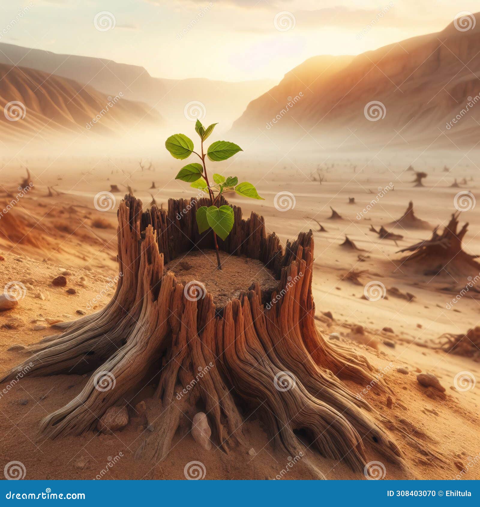 Generative AI, Young Tree Sapling Growing on Dead Stump in a Desert ...