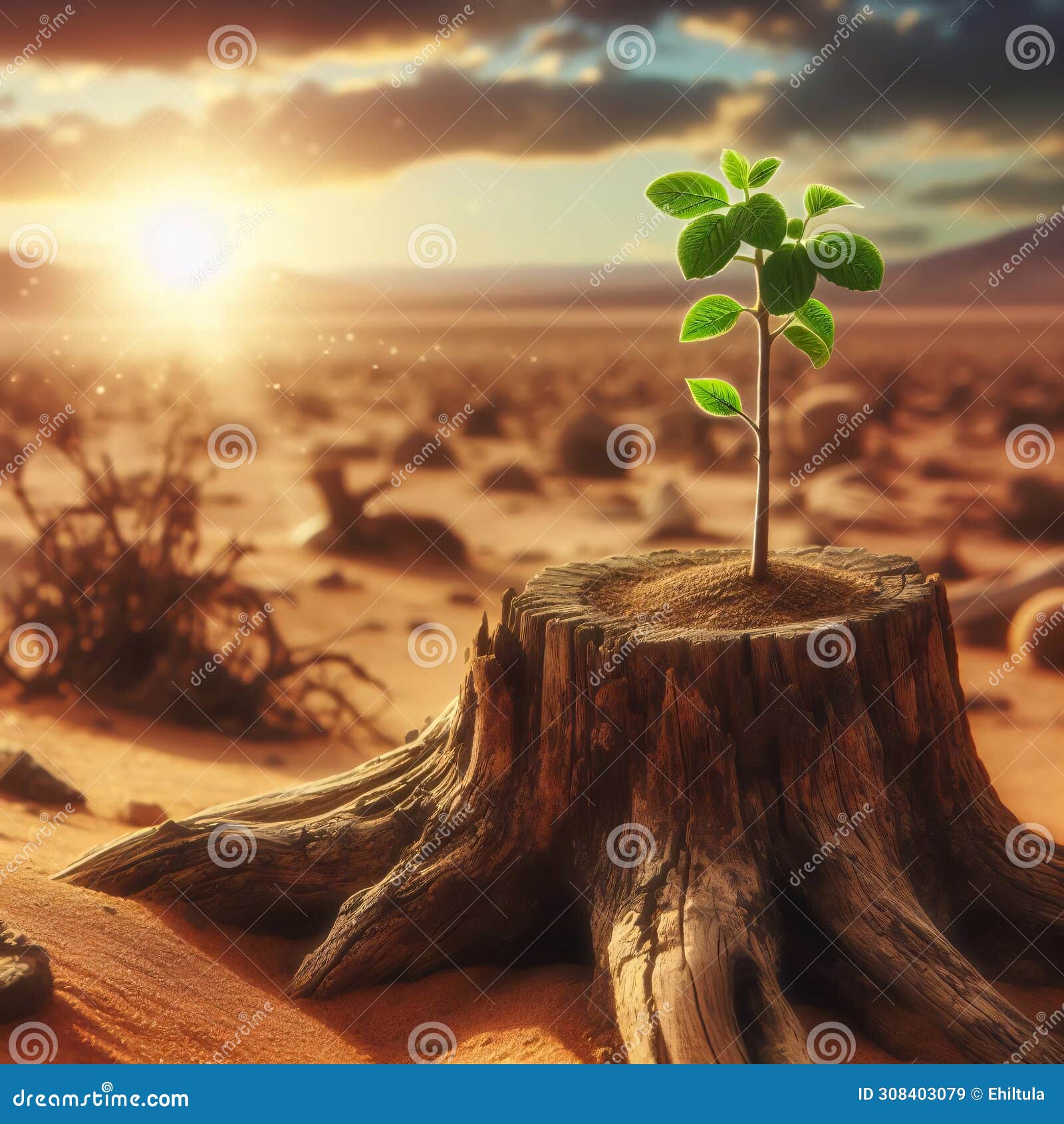 Generative AI, Young Tree Sapling Growing on Dead Stump in a Desert ...