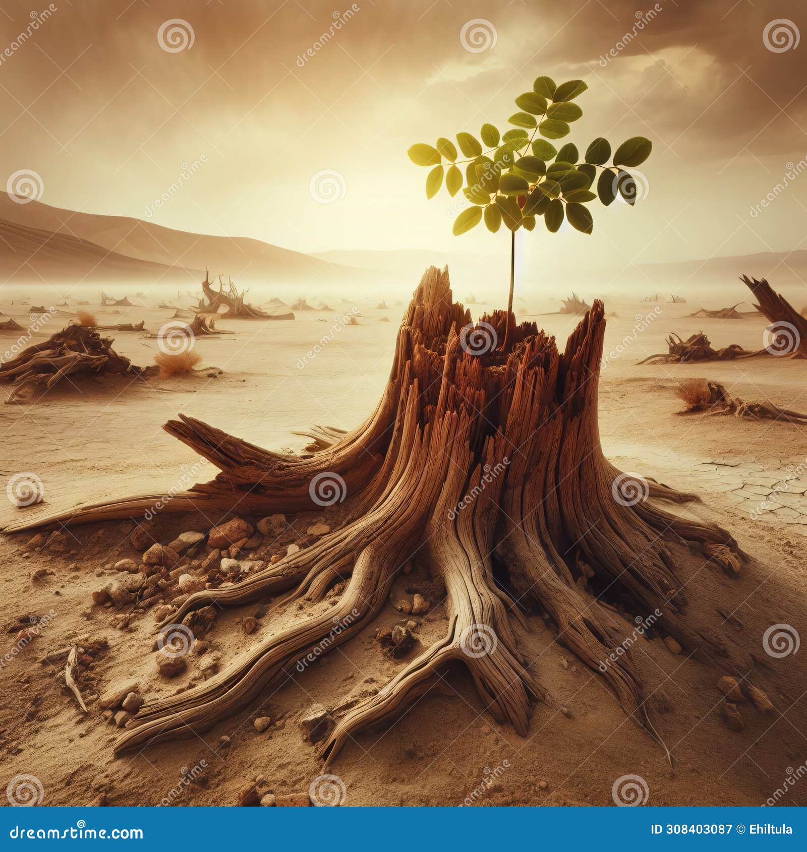 Generative AI, Young Tree Sapling Growing on Dead Stump in a Desert ...