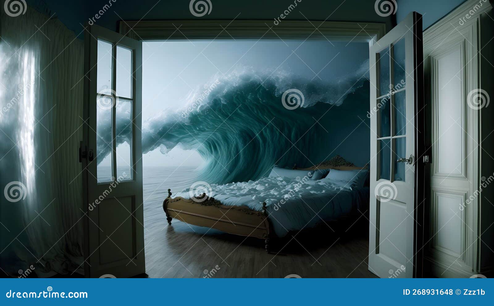 Generic Empty Bedroom with White Double Bed with Ocean Wave is about To ...
