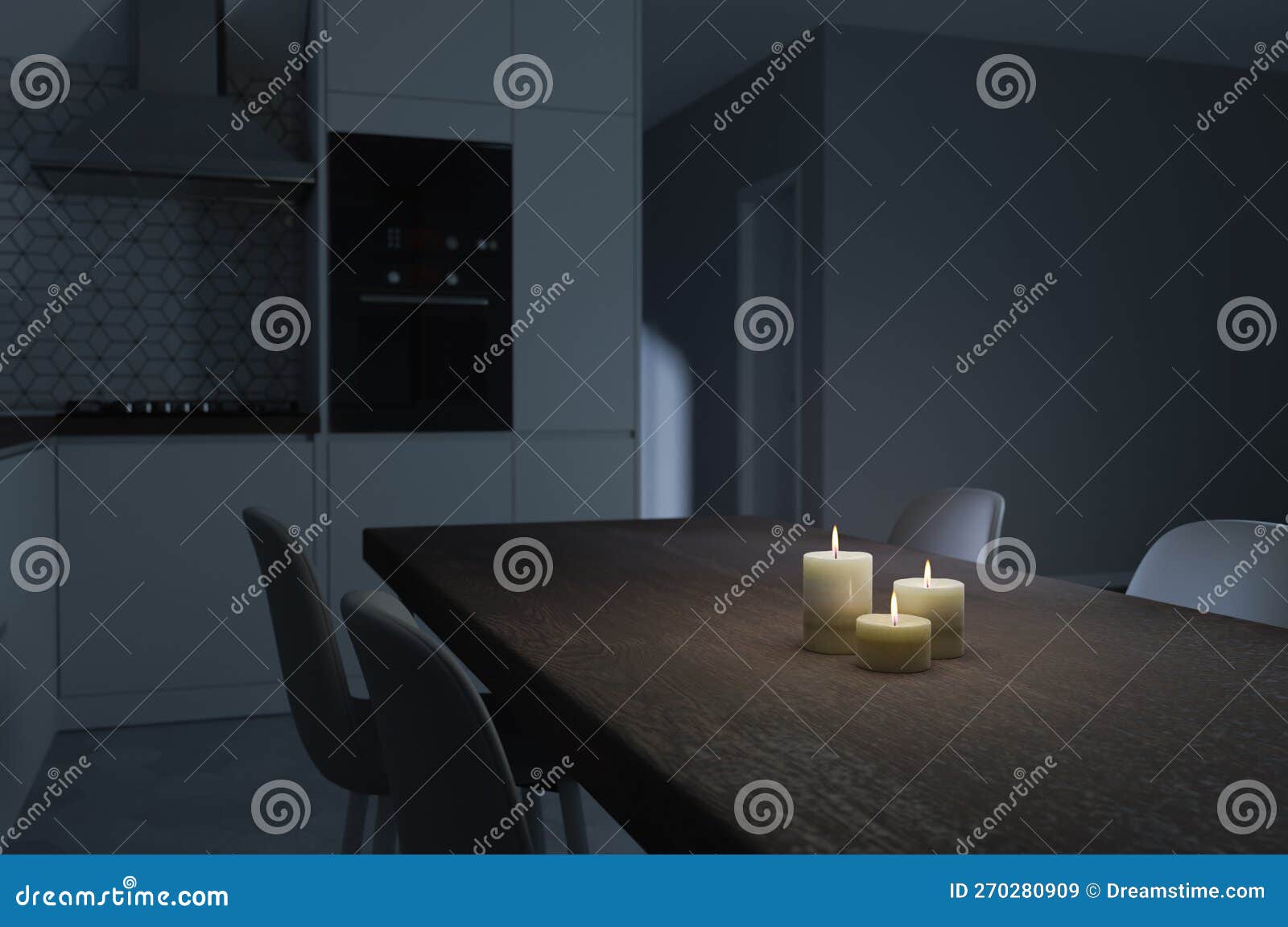 Generic Kitchen Interior at Night with Moon Light and Burning Candles ...