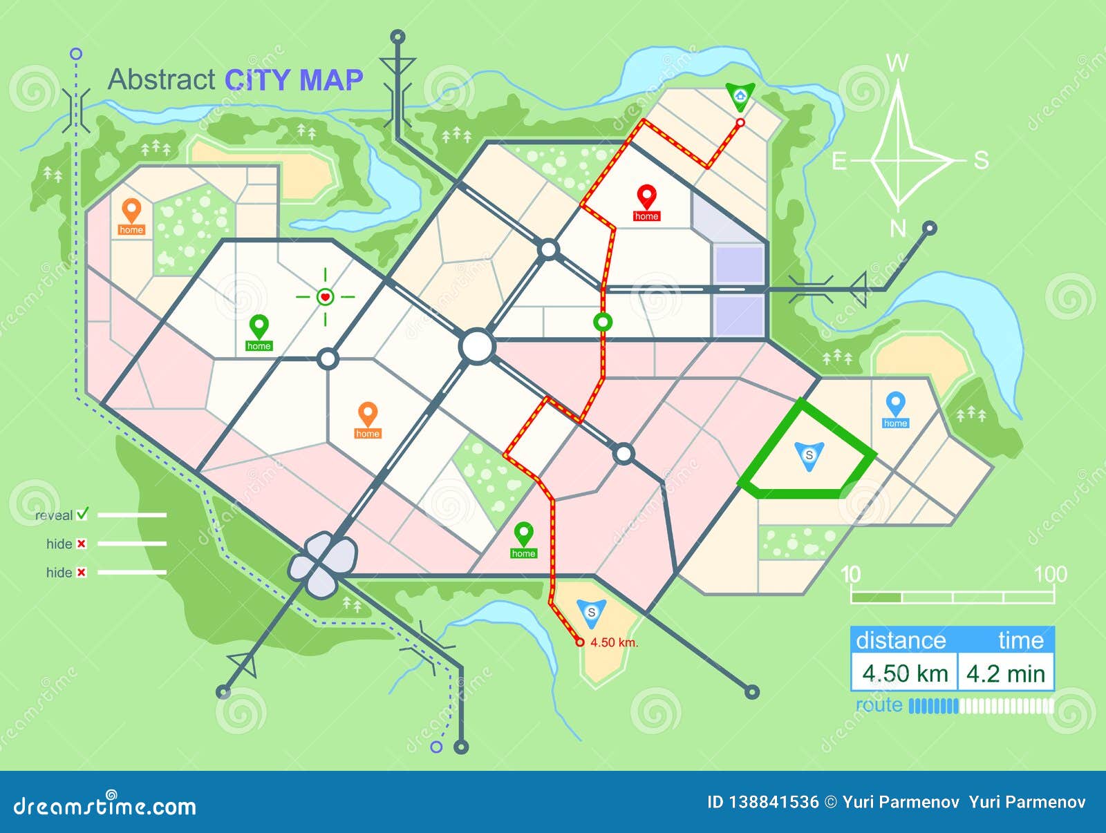Generic Map Of An Imaginary City, With The Specified Road Route. Scheme ...