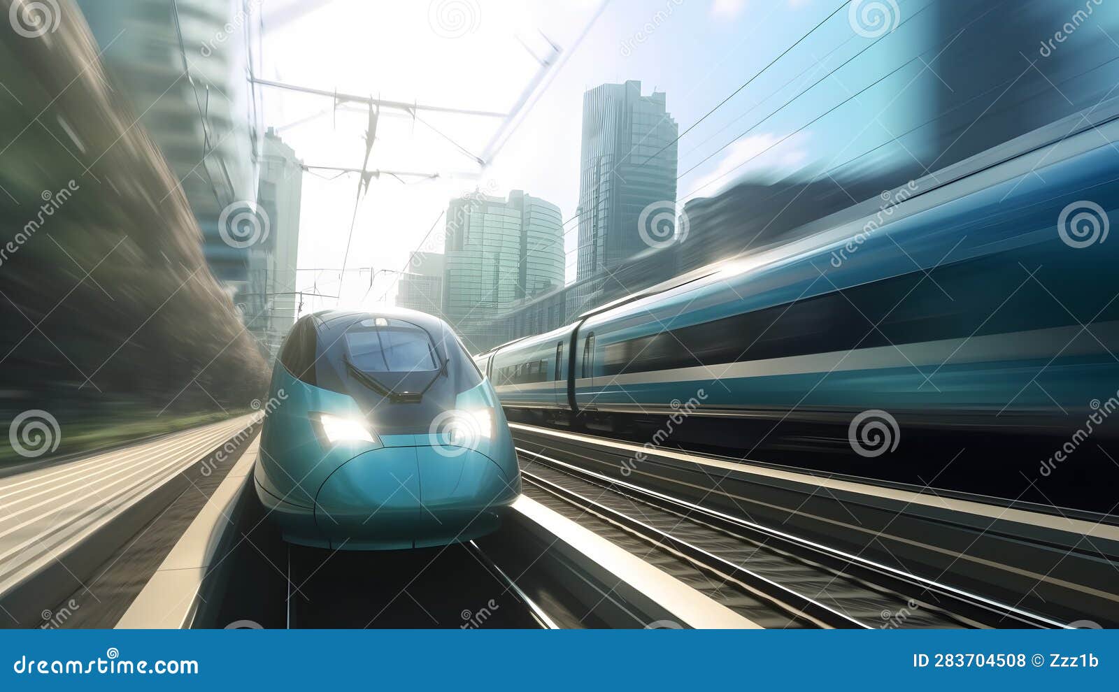 Generic Modern High-speed Train Moving Fast through the City ...