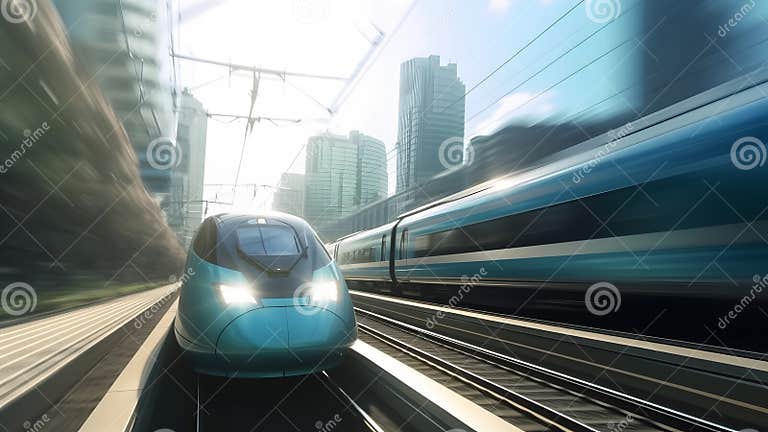Generic Modern High-speed Train Moving Fast through the City ...