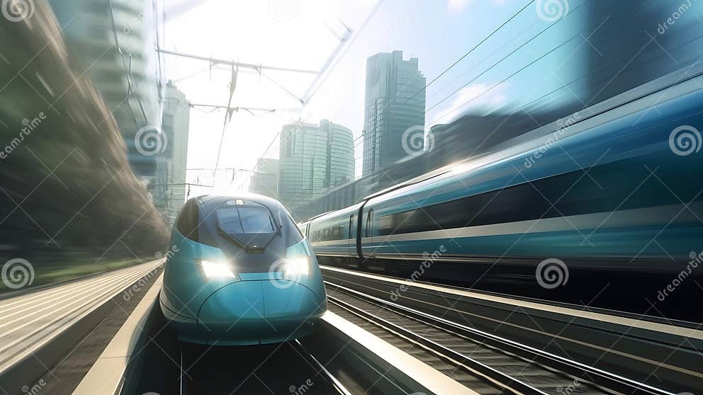 Generic Modern High-speed Train Moving Fast through the City ...