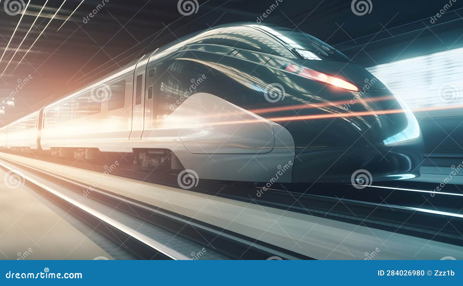 Generic Modern High-speed Train Moving Fast through the City ...