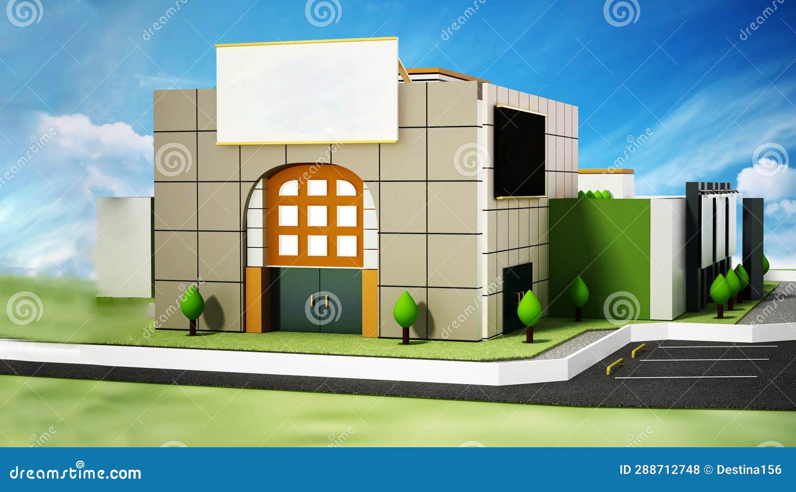 Generic Shopping Mall Building Against Blue Sky. 3D Illustration Stock ...
