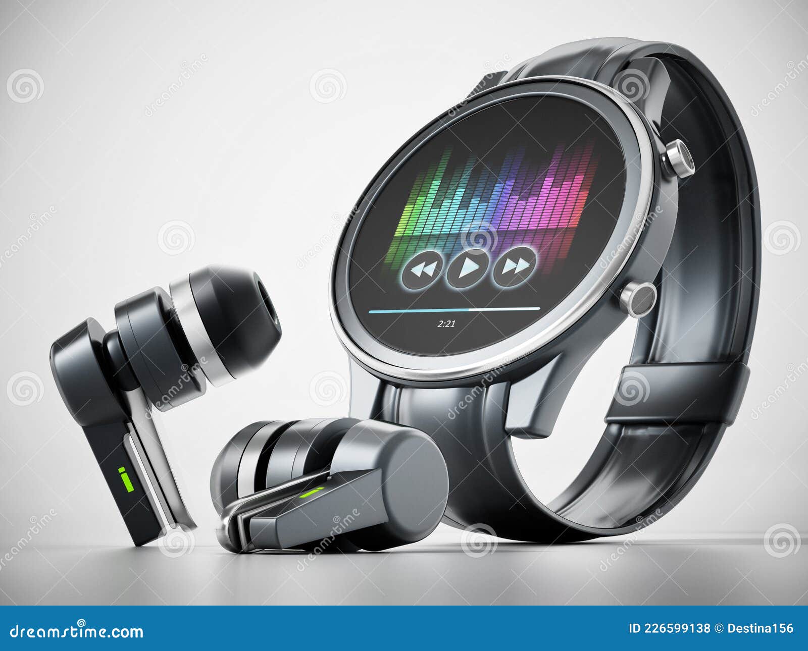 Generic Smartwatch and Wireless Bluetooth Earphones. 3D Illustration ...
