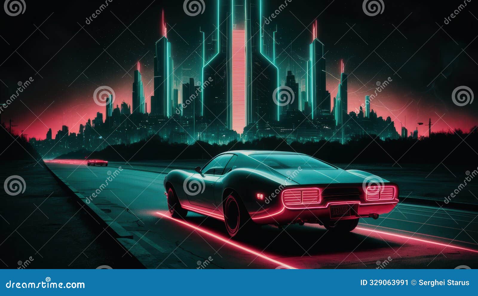 A Generic Synthwave Car is Driving Down a Road with Neon Lights in the ...