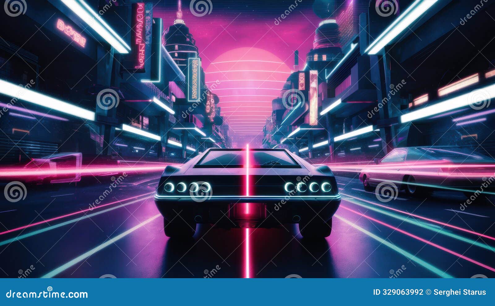 A Generic Synthwave Car is Driving Down a Street in the Middle of Neon ...