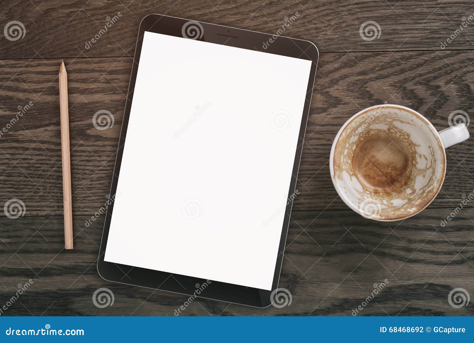 Generic Tablet Pc with Blank Screen on Wood Table with Empty Coffee Cup ...