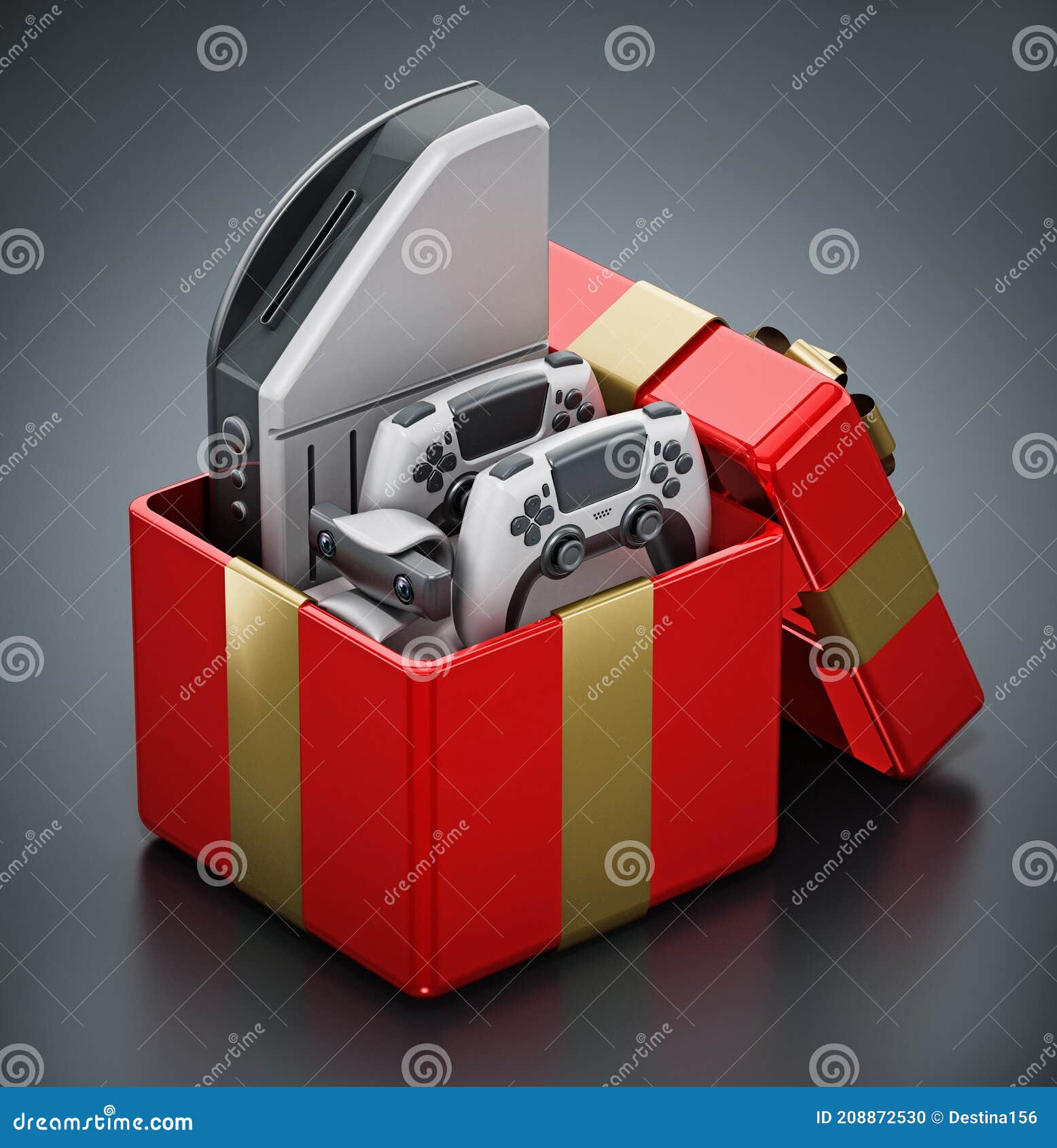 Generic Video Game Console and Controllers Inside Giftbox. 3D ...