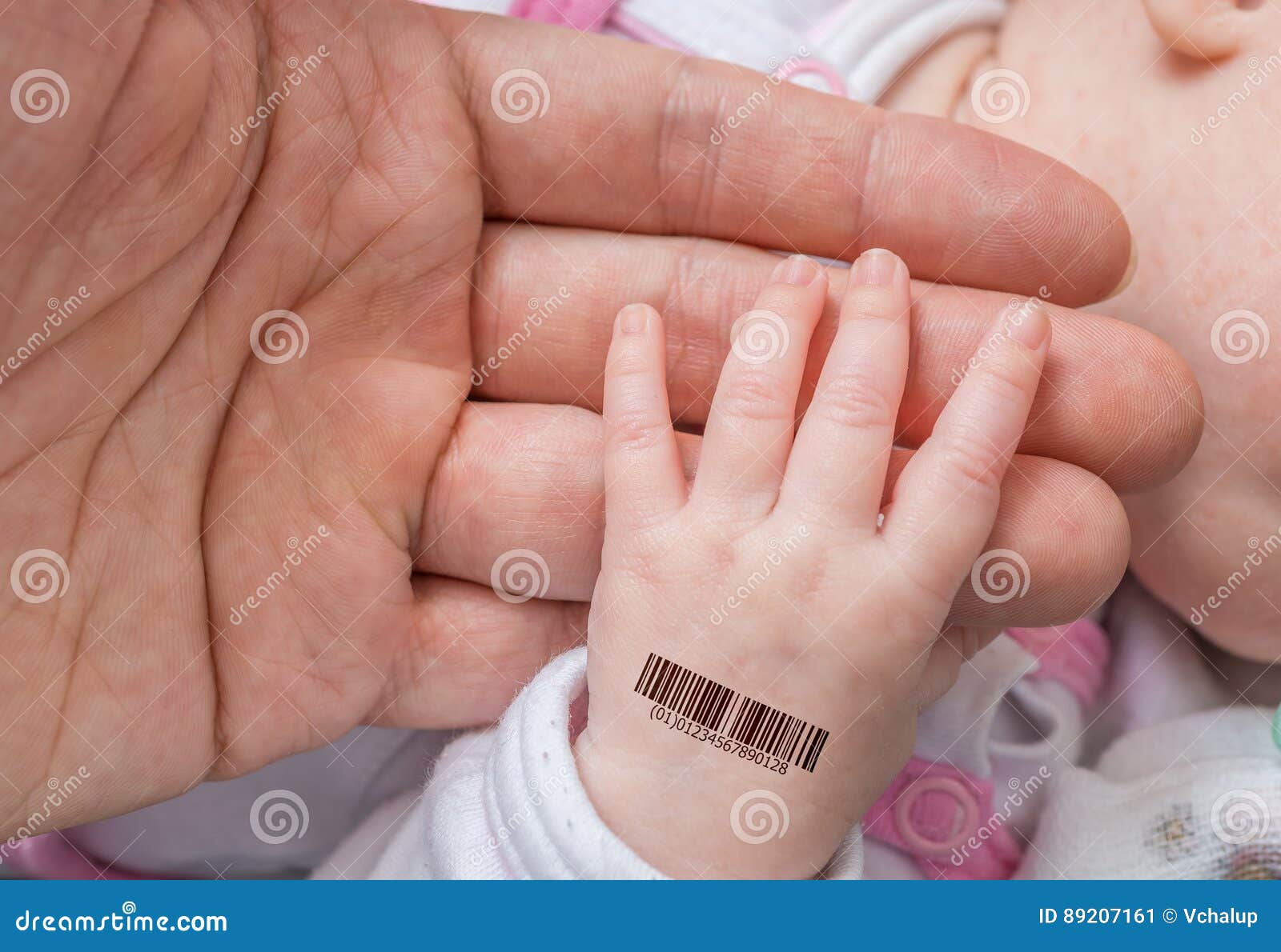 Genetic Clone Concept. Man is Holding Hand of a Baby with Bar Co Stock ...