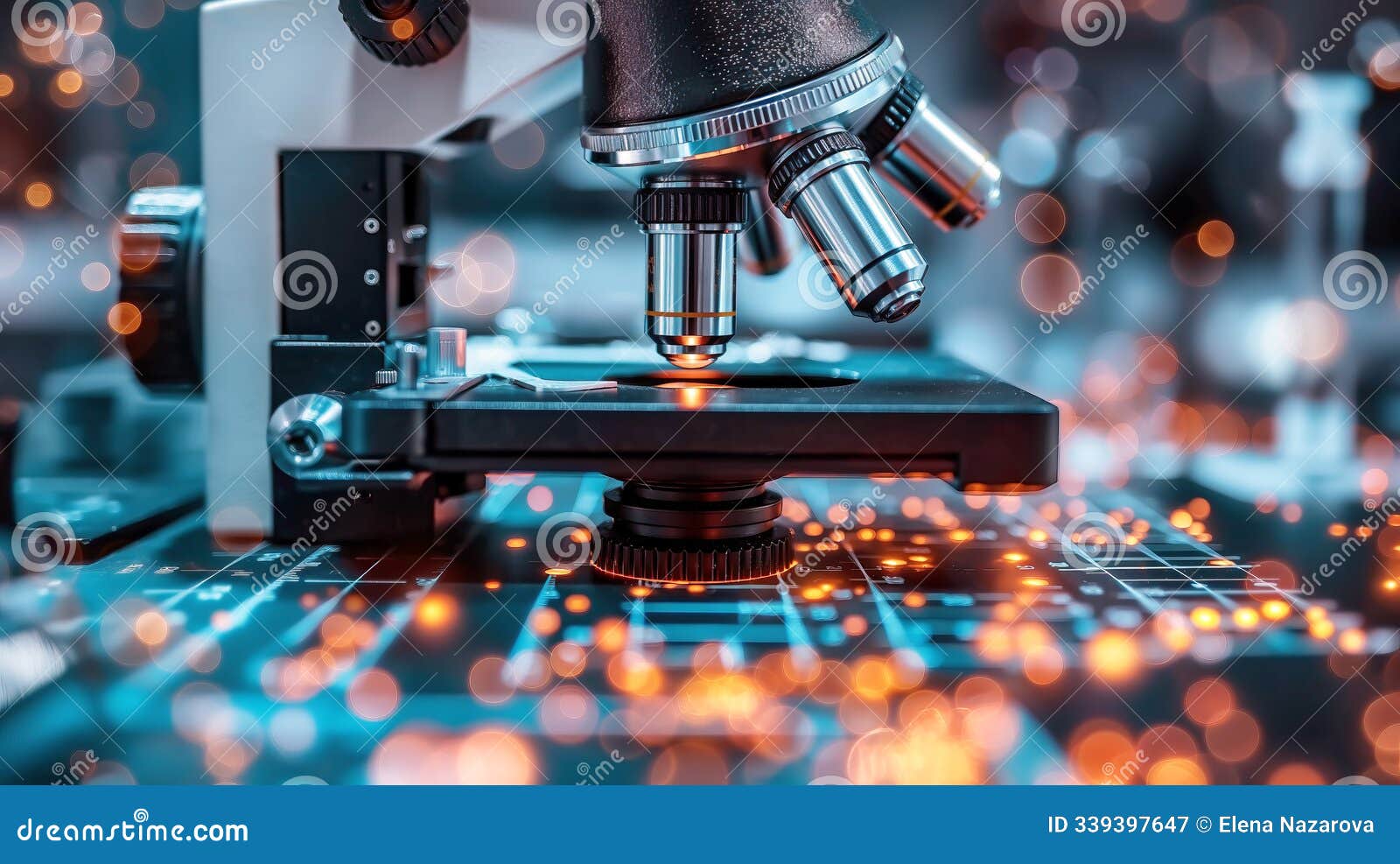 Genetic Engineering Concept. Microscope in Abstract Laboratory Stock ...