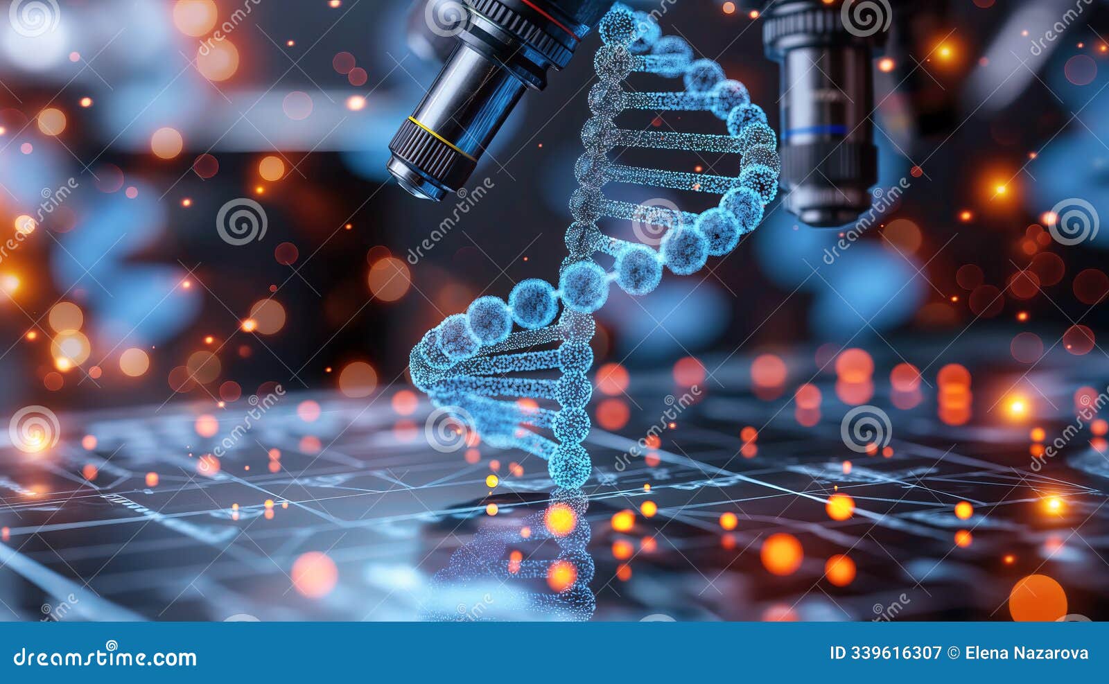 Genetic Engineering Concept. Microscope and Holographic Dna Spiral in ...