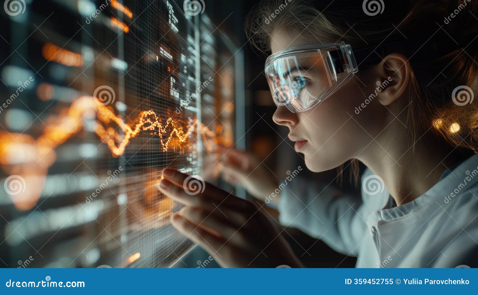 A Genetic Engineering Lab. a Scientist Observes Molecular Structures on ...