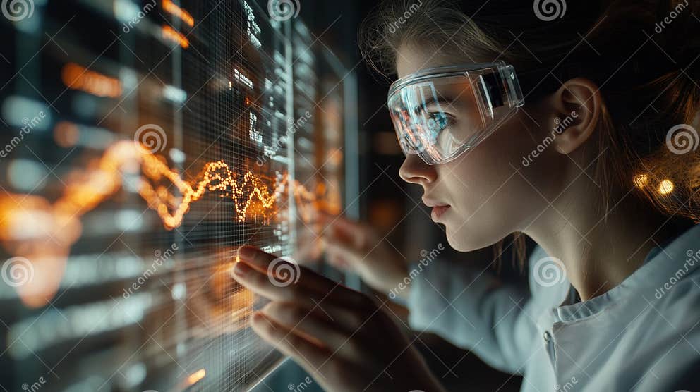 A Genetic Engineering Lab. a Scientist Observes Molecular Structures on ...