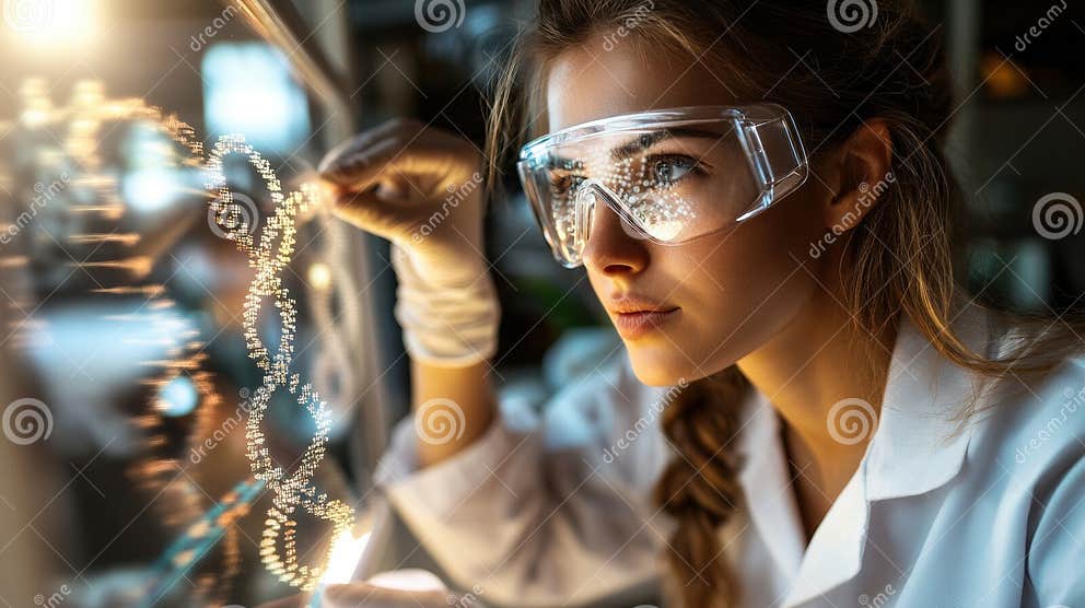 A Genetic Engineering Lab. a Scientist Observes Molecular Structures on ...