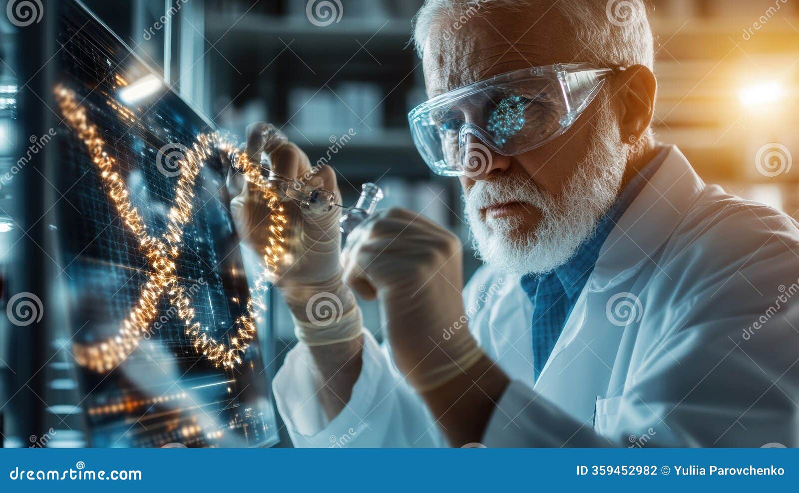 A Genetic Engineering Lab. a Scientist Observes Molecular Structures on ...