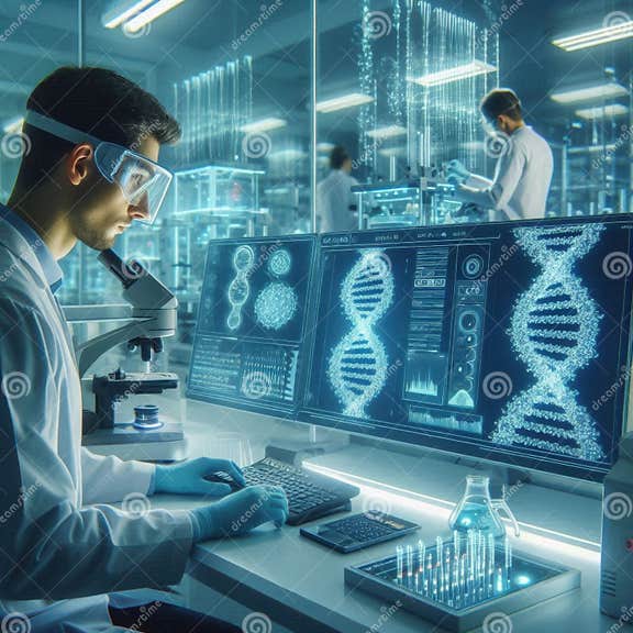 A Genetic Engineering Lab. a Scientist Observes Molecular Structures on ...