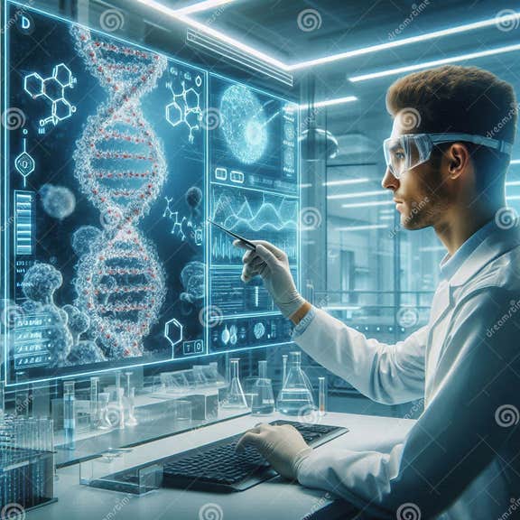 A Genetic Engineering Lab. a Scientist Observes Molecular Structures on ...