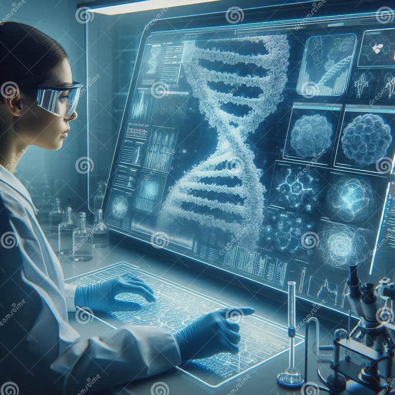 A Genetic Engineering Lab. a Scientist Observes Molecular Structures on ...
