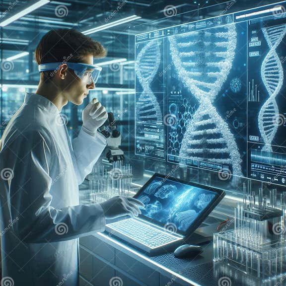 A Genetic Engineering Lab. a Scientist Observes Molecular Structures on ...