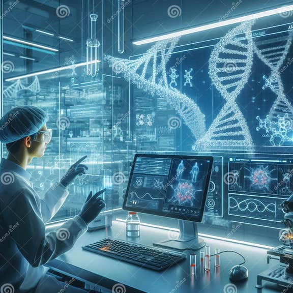 A Genetic Engineering Lab. a Scientist Observes Molecular Structures on ...