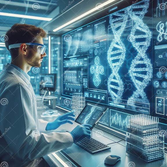 A Genetic Engineering Lab. a Scientist Observes Molecular Structures on ...