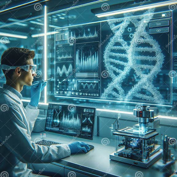 A Genetic Engineering Lab. a Scientist Observes Molecular Structures on ...