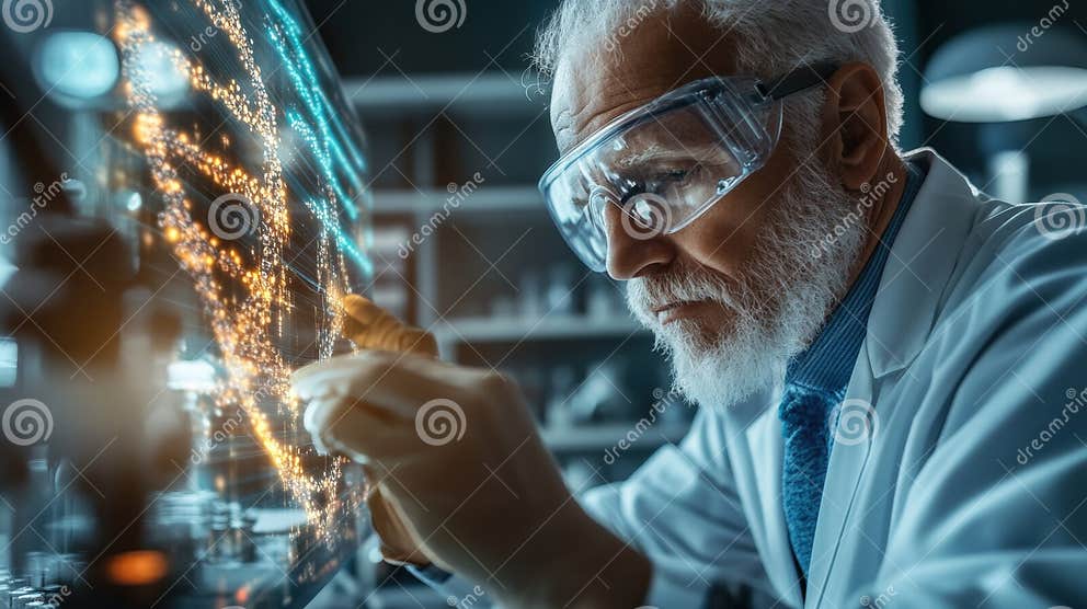 A Genetic Engineering Lab. a Scientist Observes Molecular Structures on ...