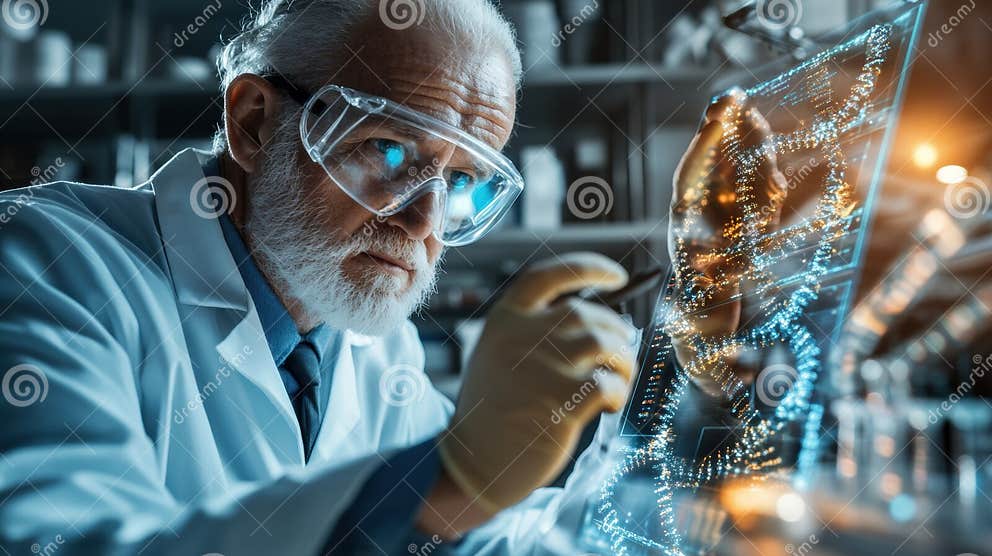 A Genetic Engineering Lab. a Scientist Observes Molecular Structures on ...