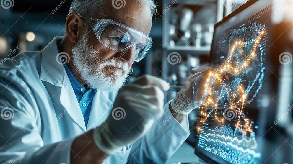 A Genetic Engineering Lab. a Scientist Observes Molecular Structures on ...