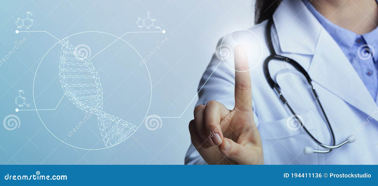 Genetic Engineering in Medicine. Doctor Hand Pushing DNA Molecule ...