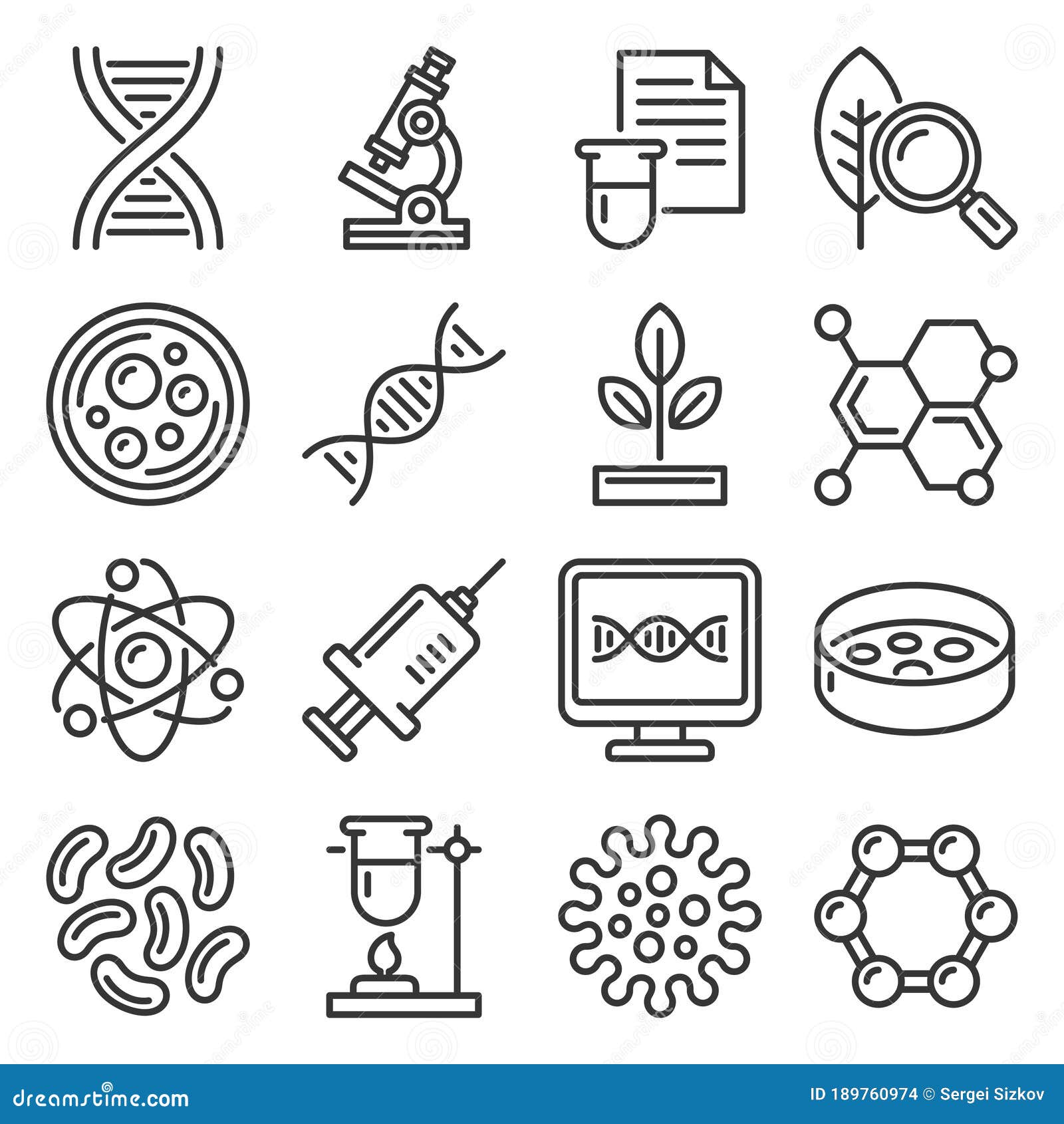 Genetic Research and Science Icons Set on White Background. Line Style ...