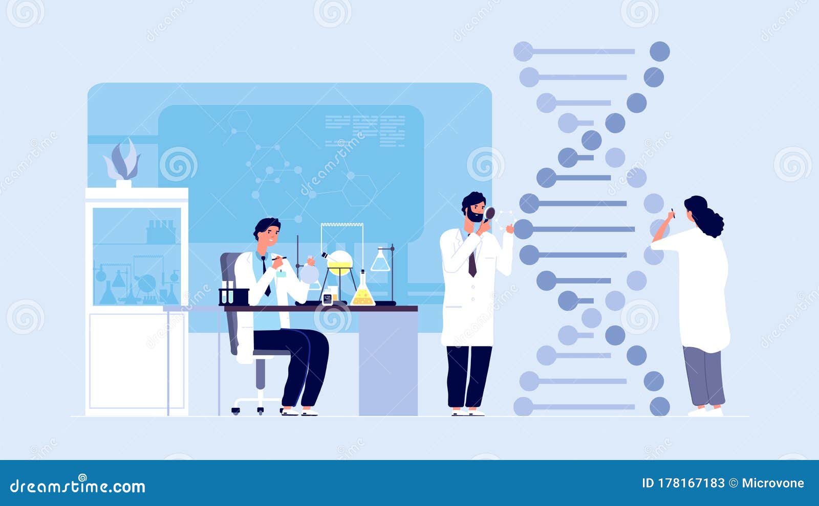 Genetic DNA Science. Tiny Scientists Investigating And Testing DNA In ...