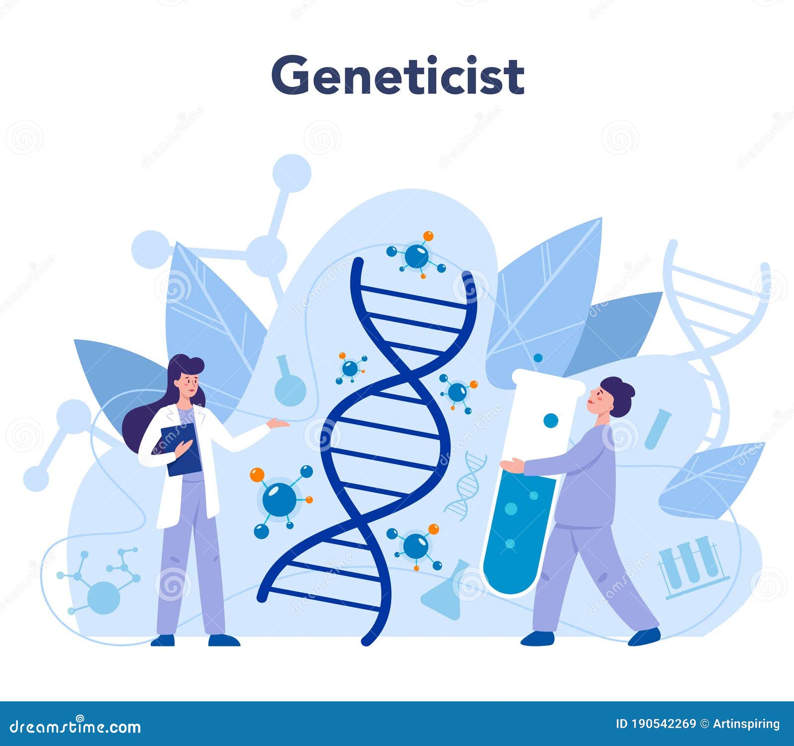 Geneticist Concept. Scientist Work With DNA Molecule Structure. Vector ...