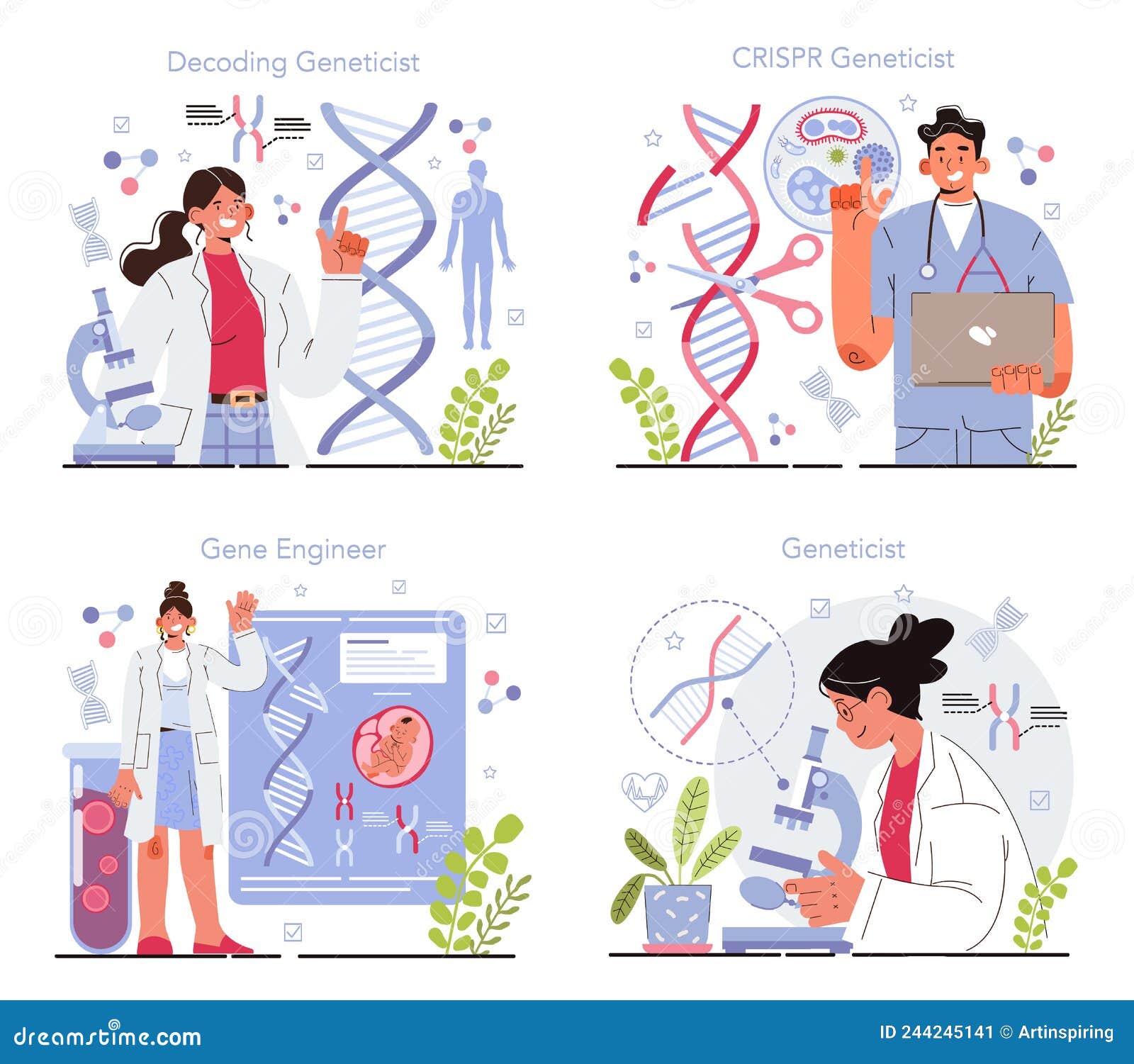 Geneticist Concept Set. Scientist Work with DNA Molecule Structure ...