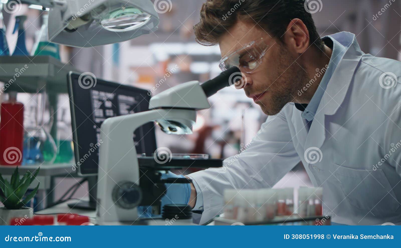 Genetics Expert Looking Microscope Making Investigation in Laboratory ...